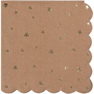 juvale cocktail - 50-pack disposable kraft paper napkins, rustic holiday, wedding, birthday party supplies, metallic gold foil stars and scalloped edge design, 3-ply, brown, folded 4.8 x 4.7 inches