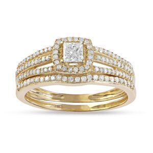 dzon igi certified 10k yellow gold 1/2 ct tdw princess & round cut diamond halo engagement ring set love gift for women(i-j,i2)