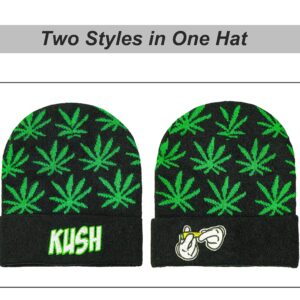 Marijuana Weed Acrylic-Hat Knit Beanie - Leaf Pot Cuffed Knit Winter Weed Beanie Hat Mens Women Green