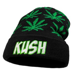 Marijuana Weed Acrylic-Hat Knit Beanie - Leaf Pot Cuffed Knit Winter Weed Beanie Hat Mens Women Green