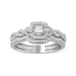 dzon 10k white gold 1/3ct tdw diamond halo princess-cut engagement ring set love gift for women (i-j,i2)