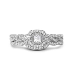 DZON 10k White Gold 1/3CT TDW Diamond Halo Princess-Cut Engagement Ring Set Love Gift for Women (I-J,I2)