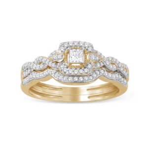 dzon 10k yellow gold 1/3ct tdw diamond halo princess-cut engagement ring set love gift for women (i-j,i2)