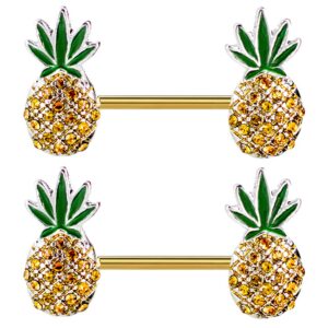 pierce2go pineapple weed nipple rings – anodized gold surgical stainless-steel set of 2 barbell cute 14g pineapple nipple piercing –jewelry for women - 9/16" barbell