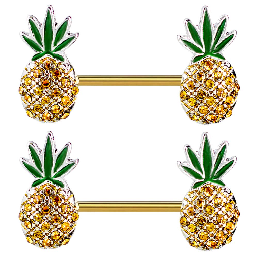 Pierce2GO Pineapple Weed Nipple Rings – Anodized Gold Surgical Stainless-Steel Set of 2 Barbell Cute 14G Pineapple Nipple Piercing –Jewelry for Women - 9/16" Barbell