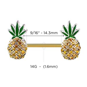 Pierce2GO Pineapple Weed Nipple Rings – Anodized Gold Surgical Stainless-Steel Set of 2 Barbell Cute 14G Pineapple Nipple Piercing –Jewelry for Women - 9/16" Barbell