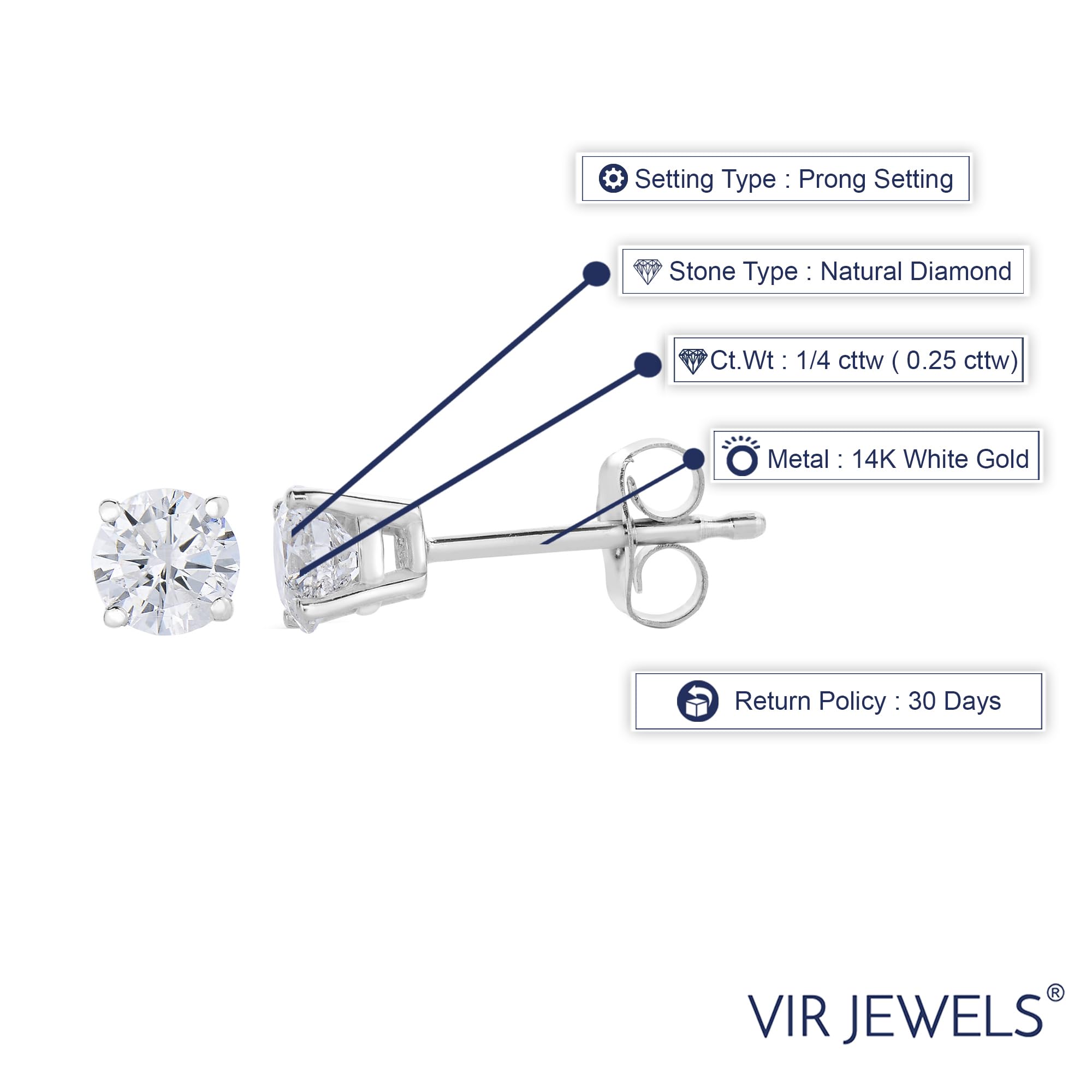 Vir Jewels 1/4 cttw Diamond Stud Earrings 14K White Gold Push Backs Round 4 Prong Basket