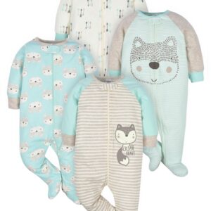 Gerber Baby Boys' 4 Pack Sleep 'N Play Footie, Aqua Fox, Preemie