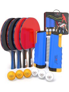 nibiru sport professional ping pong paddle set (4-player) - table tennis paddles set of 4 with retractable net, 6 balls, and carry bag/storage case - table tennis equipment & ping pong accessories