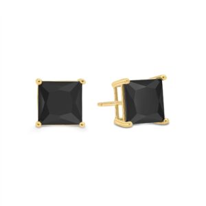 basket set stud earrings with square princess cut 8x8mm black cz - 925 + gold plate