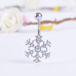 MEJEYSP 14g Stainless Steel Snowflake AB Color CZ Belly Button Rings Holiday Navel Rings Barbell Piercing for Women