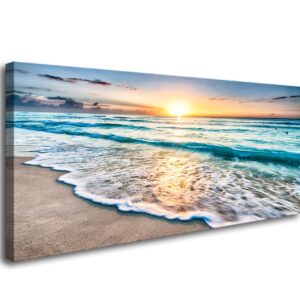 Baisuart S02250 Canvas Prints Wall Art Beach Sunset Ocean Waves Nature Pictures Stretched Canvas Wooden Framed for living Room Bedroom and Office