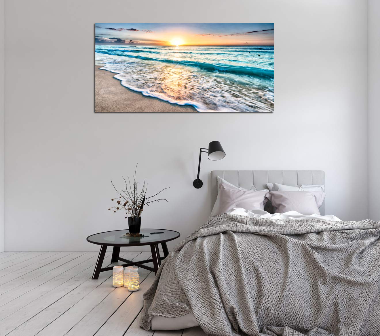 Baisuart S02250 Canvas Prints Wall Art Beach Sunset Ocean Waves Nature Pictures Stretched Canvas Wooden Framed for living Room Bedroom and Office