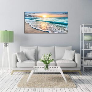 Baisuart S02250 Canvas Prints Wall Art Beach Sunset Ocean Waves Nature Pictures Stretched Canvas Wooden Framed for living Room Bedroom and Office