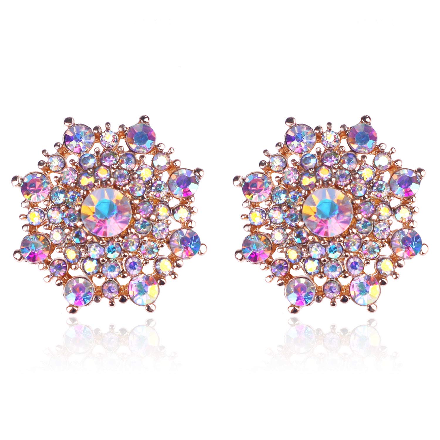 Clip On AB Iridescent Crystal Earrings for Women - PeriFairy Multicolor Snowflake Geometric Wedding Statement Non Pierced Earrings Gold Jewelry