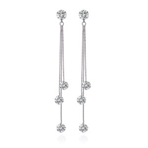 cz linear earrings for women super long shoulder earrings sterling silver thread earrings crystal cubic zirconia rhinestone tassel drops bridal chain earring for wedding bride bridesmaids party