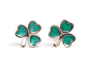 biddy murphy, irish three leaf clover shamrock earrings for women, sterling silver celtic green enamel studs, made in ireland by artisan jewelers