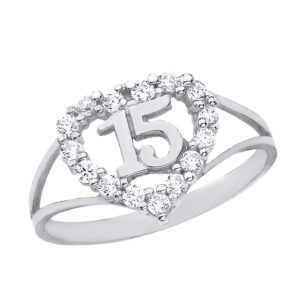 solid 14k white gold sweet 15 anos cz quinceanera heart ring (size 8.5)