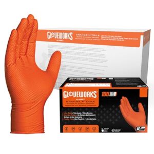 gloveworks hd orange nitrile disposable gloves, 8 mil, latex and powder free, industrial, food safe, raised diamond texture, small, case of 1000