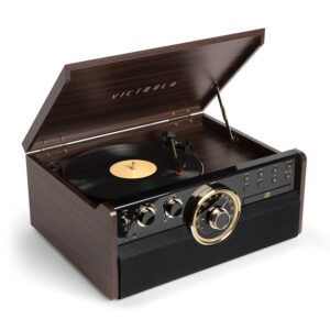 victrola empire mid-century 6-in-1 turntable with 3 speed record player, bluetooth connectivity, radio, cassette and cd player (espresso)