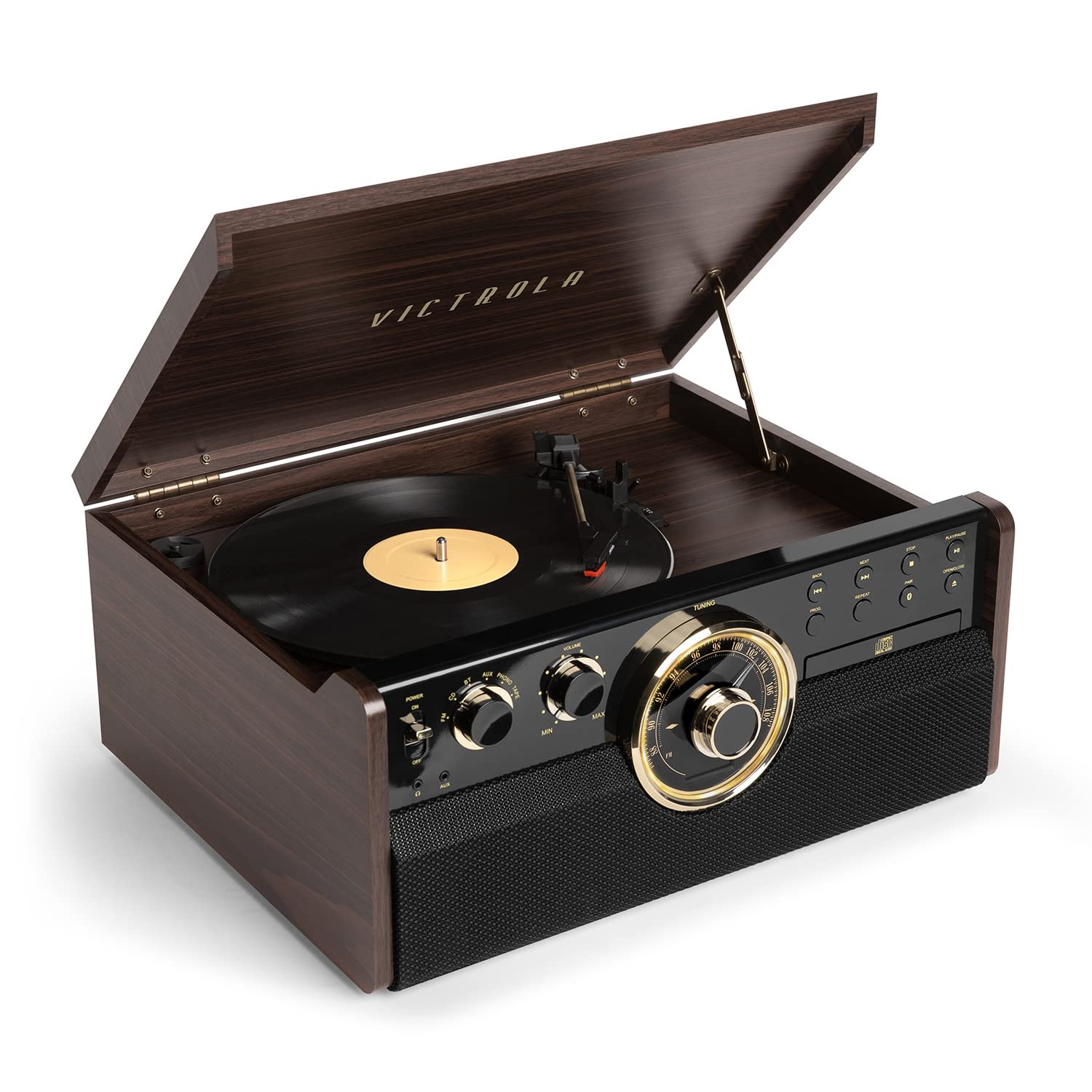 Victrola Empire Mid-Century 6-in-1 Turntable with 3 Speed Record Player, Bluetooth Connectivity, Radio, Cassette and CD Player (Espresso)