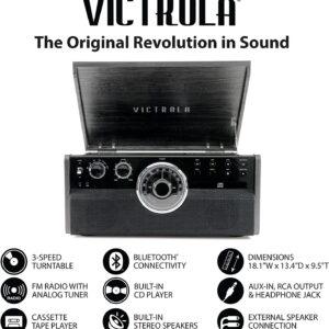 Victrola Empire Mid-Century 6-in-1 Turntable with 3 Speed Record Player, Bluetooth Connectivity, Radio, Cassette and CD Player (Espresso)