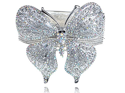 Alilang Womens Silvery Tone Clear Iridescent Rhinestones Big Butterfly Bangle Bracelet