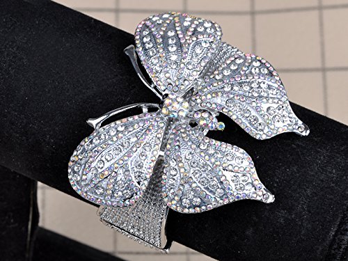 Alilang Womens Silvery Tone Clear Iridescent Rhinestones Big Butterfly Bangle Bracelet