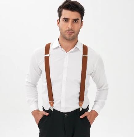 Timiot Men’s Y-Back 4 Metal Clip Elastic Wide Suspenders Perfect For Both Casual&Formal (Coffe)