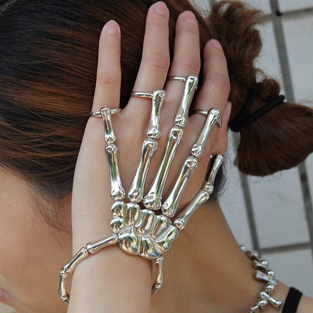 Men Women's Halloween Skull Skeleton Hand Bracelet With Ring (Silver)