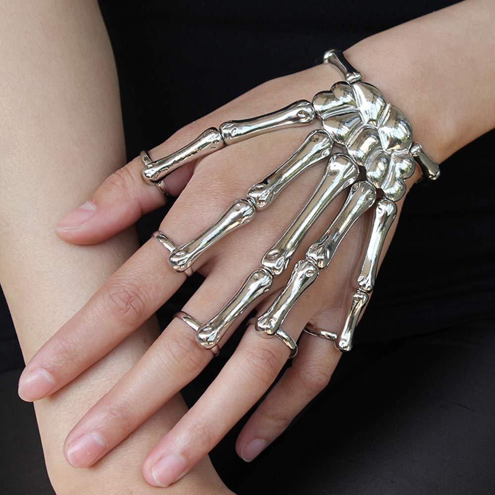 Men Women's Halloween Skull Skeleton Hand Bracelet With Ring (Silver)