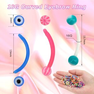 CrazyPiercing Colorful Ball Acrylic Flexible Curved Bar Eyebrow Rings Tragus Piercing Jewelry, 50Pcs, 16G