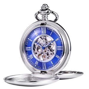 treeweto pocket watch - smooth double case series skeleton dial delicate mechanical movement with chain, silver