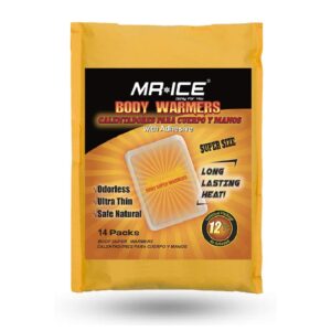 mr.ice body warmers with adhesive backing, body hand warmers disposable gives 12 hours warm (5.1"×3.7") for women men kids, extra large hand warmers for camping hiking fishing - 14 packs