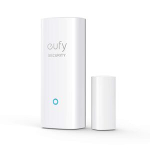 eufy security entry sensor, detects opened and closed doors or windows, door monitoring, sends alerts, triggers siren, 2-year battery life, indoor use only, requires homebase, 24/7 monitoring optional