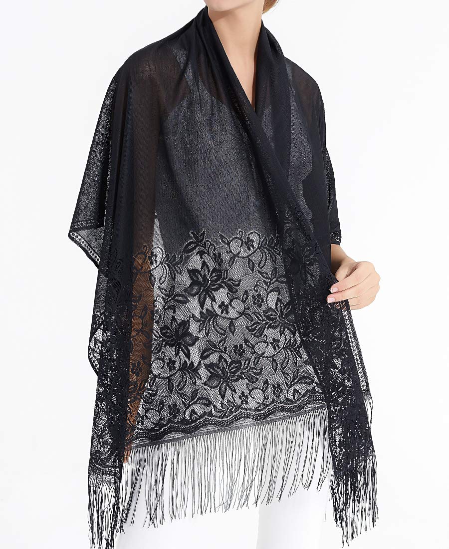 RIIQIICHY Women's Floral Lace Mesh Party Prom Wedding Shawl Scarf with Fringe