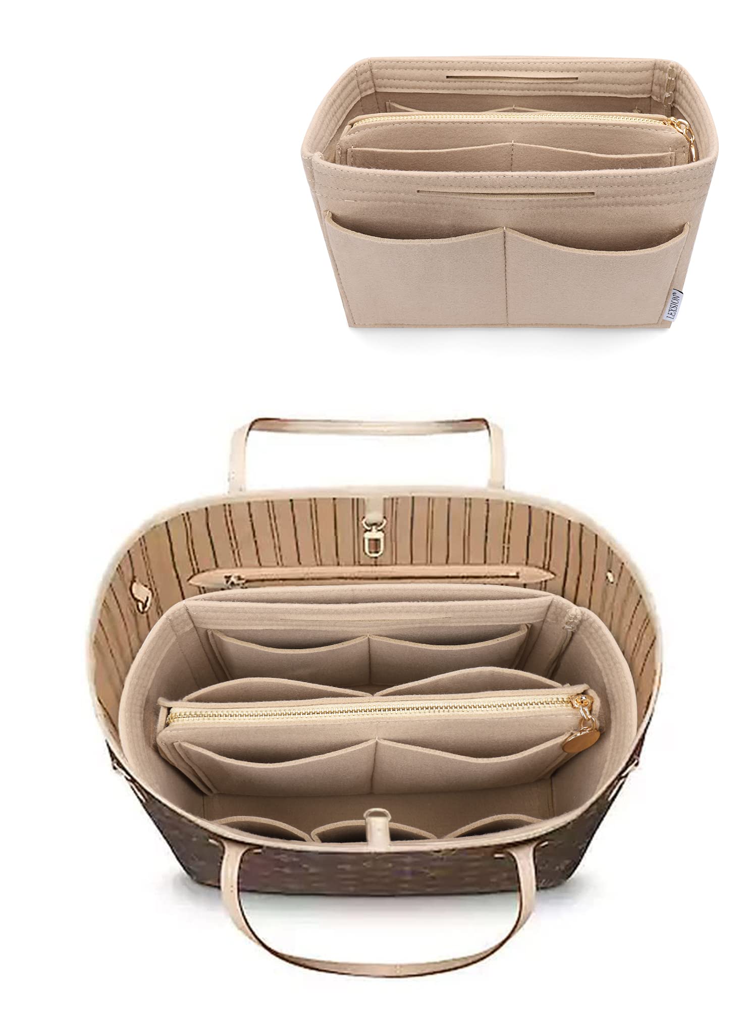 LEXSION Felt Purse Bag Organizer Insert with zipper Bag Tote Shaper Fit Speedy Neverful PM MM 8021 Beige M