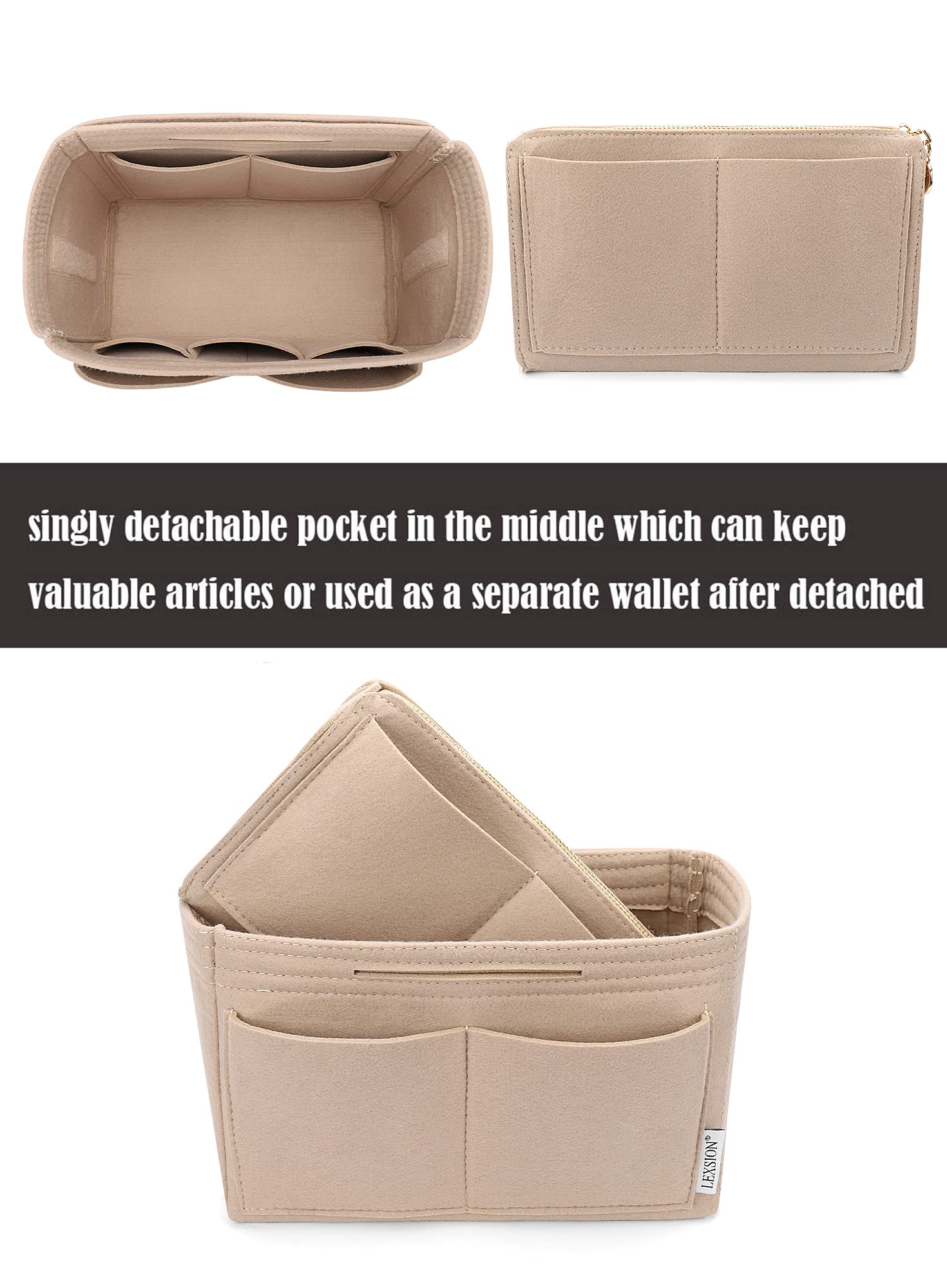 LEXSION Felt Purse Bag Organizer Insert with zipper Bag Tote Shaper Fit Speedy Neverful PM MM 8021 Beige M