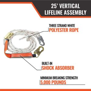 Malta Dynamics 25’ Vertical Lifeline Assembly, 3 Strand Fall Rope, with Shock Absorber, Positioning Device and 18” Extension Lanyard, Fall Protection for Roof Safety - OSHA/ANSI Compliant