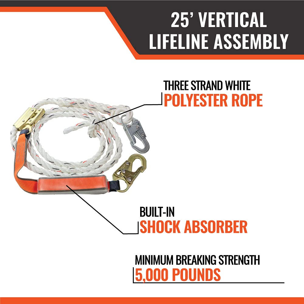 Malta Dynamics 25’ Vertical Lifeline Assembly, 3 Strand Fall Rope, with Shock Absorber, Positioning Device and 18” Extension Lanyard, Fall Protection for Roof Safety - OSHA/ANSI Compliant