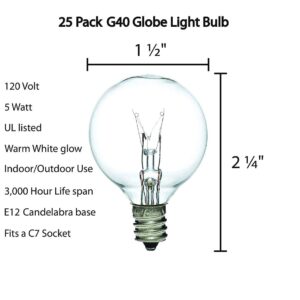 SUNSGNE 25 Pack G40 Replacement Bulbs 5W Clear Globe Bulbs 1.5-Inch String Light Replacement Bulbs for Indoor Outdoor Patio Decor- Fits E12/C7 Candelabra Screw Base Sockets, Warm White