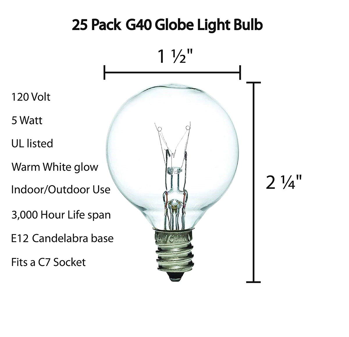 SUNSGNE 25 Pack G40 Replacement Bulbs 5W Clear Globe Bulbs 1.5-Inch String Light Replacement Bulbs for Indoor Outdoor Patio Decor- Fits E12/C7 Candelabra Screw Base Sockets, Warm White