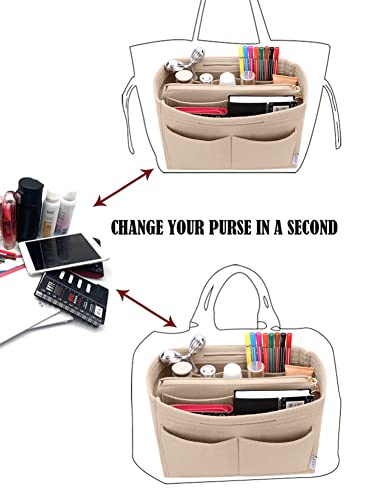 LEXSION Felt Purse Bag Organizer Insert with zipper Bag Tote Shaper Fit Speedy Neverful PM MM 8021 Beige L