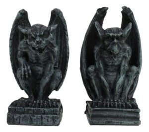 ebros gift notre dame castle top guardian mini gargoyles crouching on stone pedestals resin figurine set of 2 miniature fairy garden gargoyle sculpture pair 2.5" tall