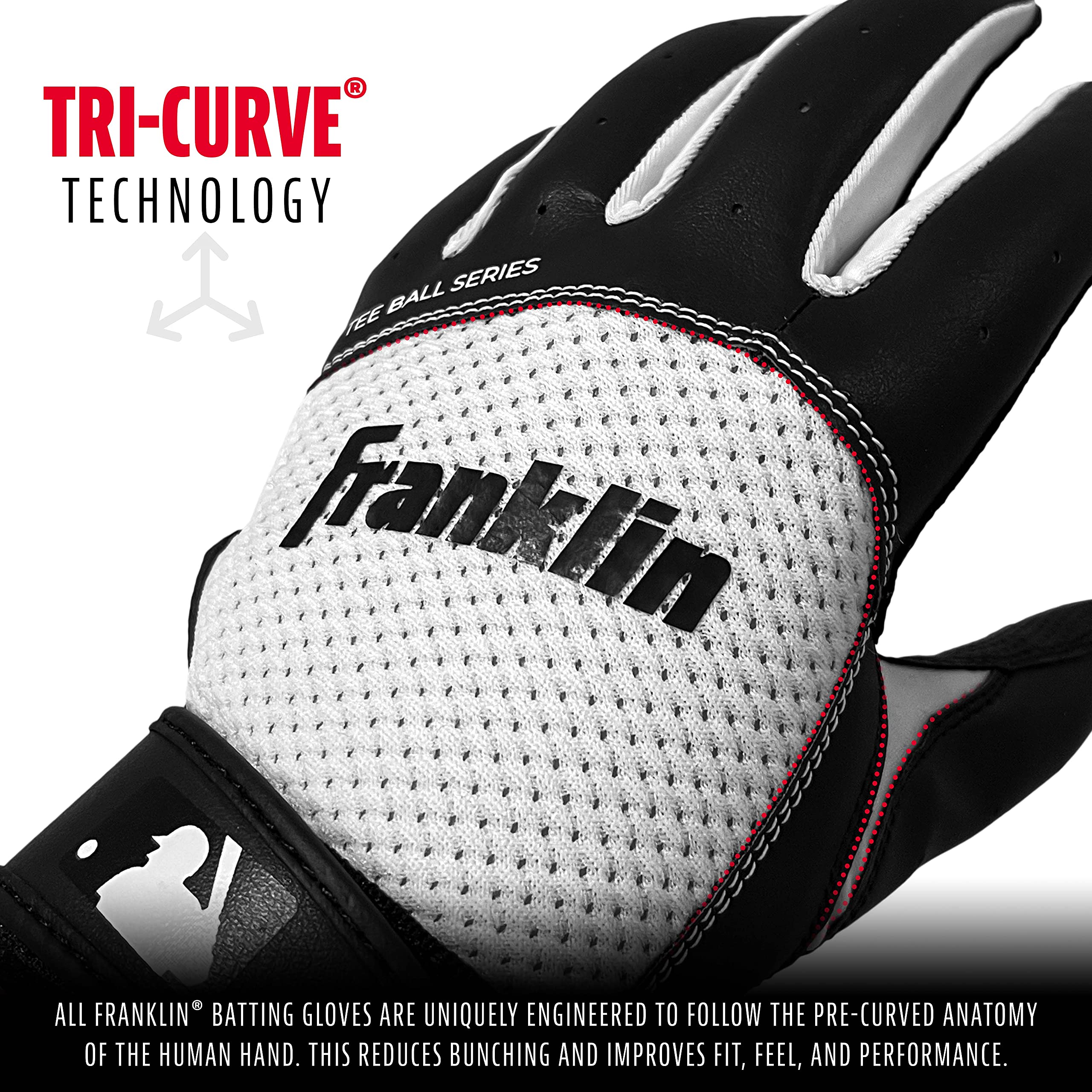 Franklin Sports Youth Teeball Batting Gloves - Youth Flex - Kids Batting Gloves for Teeball, Baseball, Softball - Black/White - Small (21205F1)