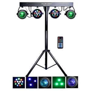 musysic led rgb dj light with stand, 4 par powerhouse gigbar for parties, concerts, and light shows, lighting package w/stage light stand - mu-l31f