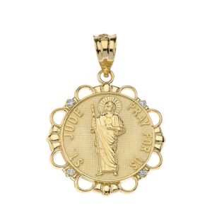 10k gold st. jude thaddeus pray for us diamond round medal pendant