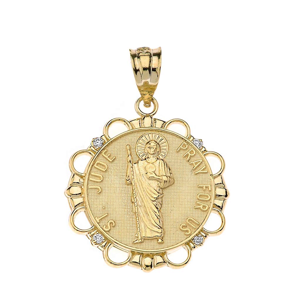 10k Gold St. Jude Thaddeus Pray For Us Diamond Round Medal Pendant