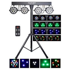 musysic led rgb dj light with stand, 4 par powerhouse gigbar for parties, concerts, and light shows, lighting package w/stage light stand - mu-l31a