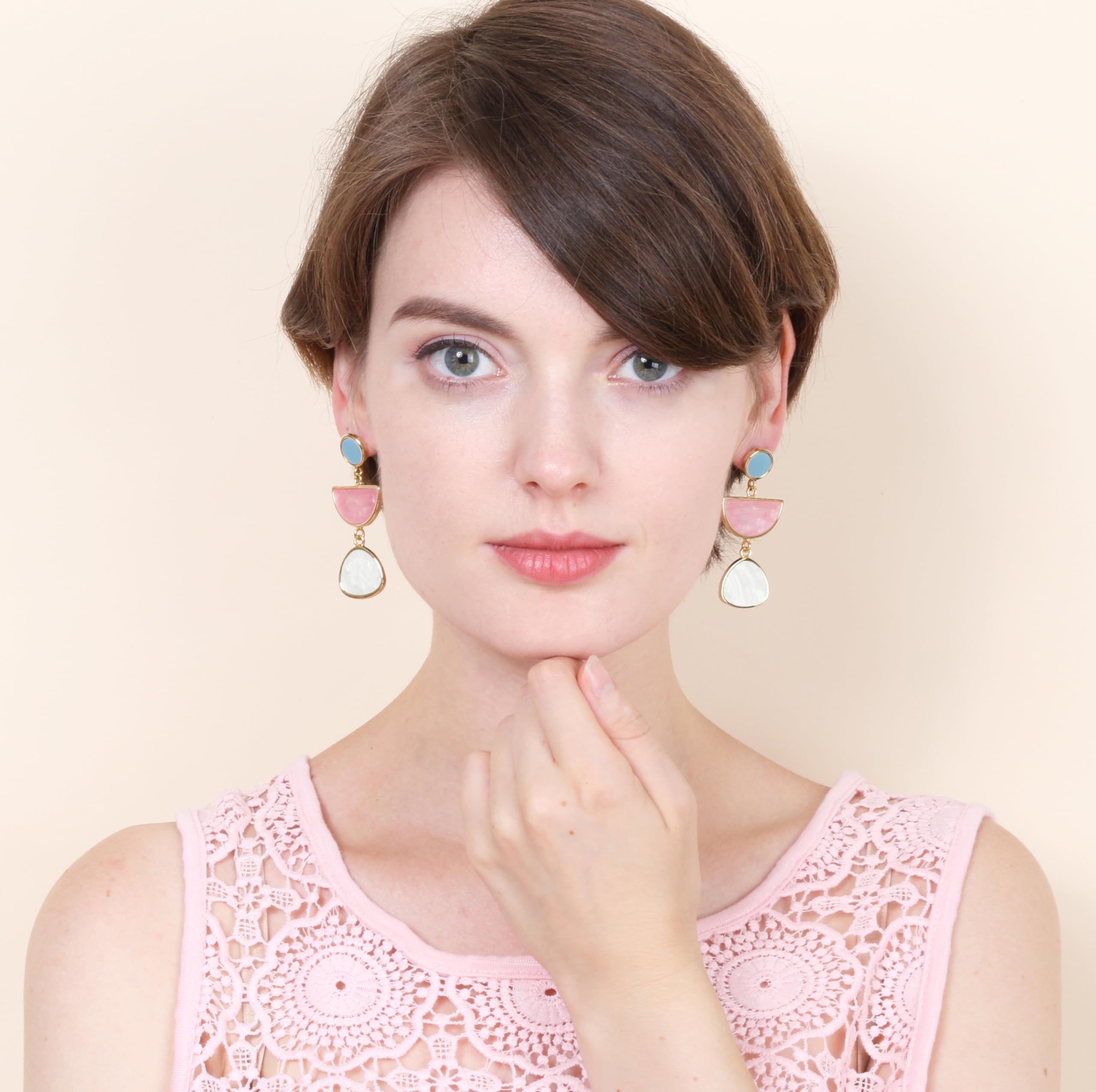 Multi Colorblock Geomtric Frame with Acrylic Gem Tear Drop Statement Earrings